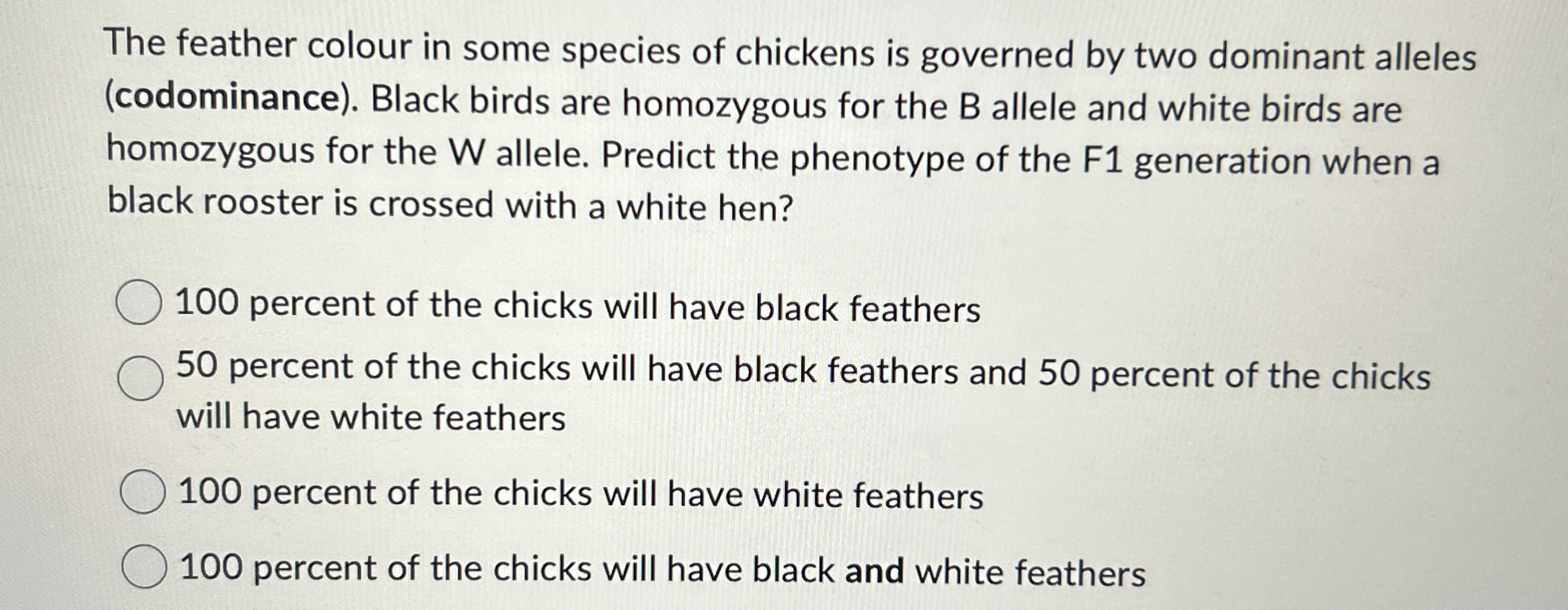 Solved The feather colour in some species of chickens is | Chegg.com