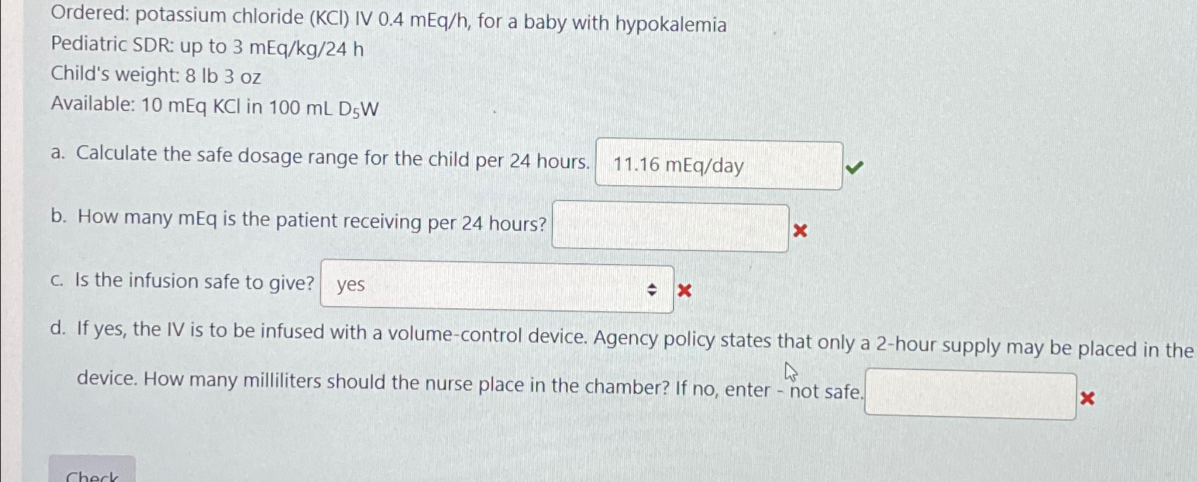 Solved Ordered: potassium chloride (KCl) ﻿IV 0.4mEqh, ﻿for a | Chegg.com