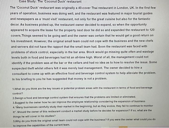 Solved Case Study: The 'Coconut Duck' restaurant The | Chegg.com