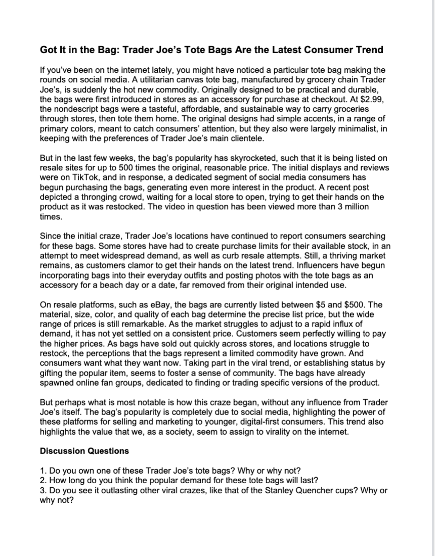 Solved Got It in the Bag: Trader Joe's Tote Bags Are the | Chegg.com