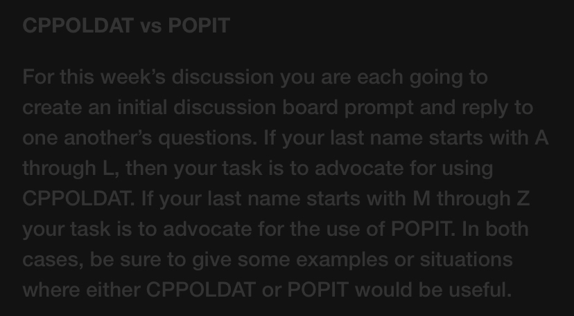 Solved CPPOLDAT vs POPITFor this week's discussion you are | Chegg.com