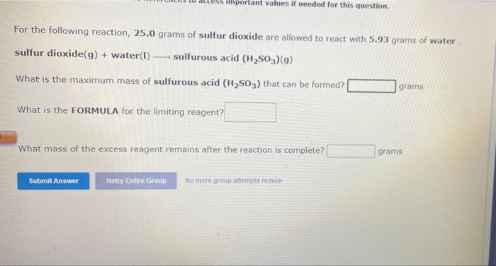Solved Important values if needed for this question. For the | Chegg.com