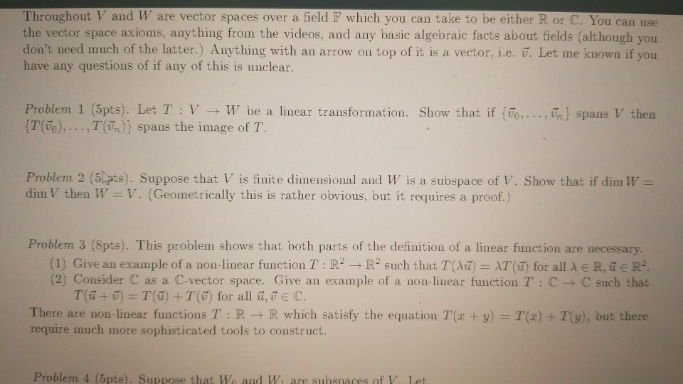 Solved Throughout V and W are vector spaces over a field F | Chegg.com