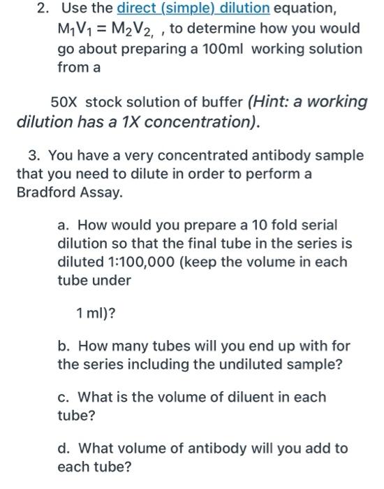 Solved 2. Use the direct (simple) dilution equation, M1 V1 = | Chegg.com
