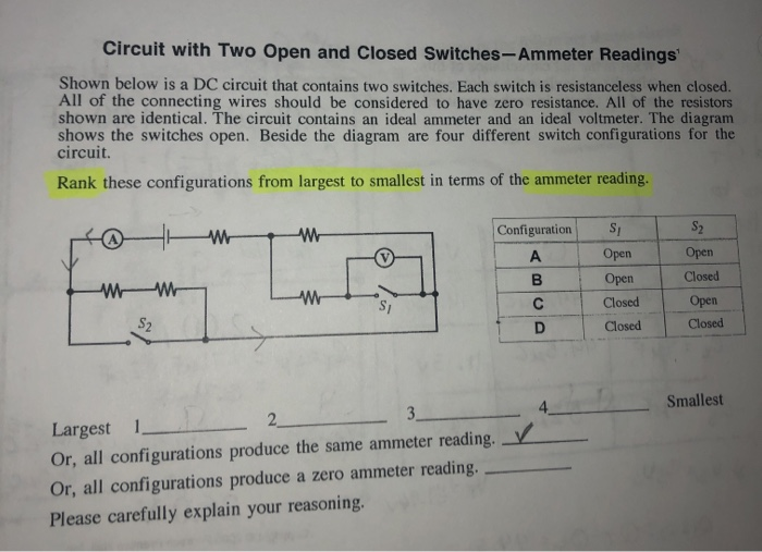 Solved Circuit with Two Open and Closed Switches-Ammeter | Chegg.com