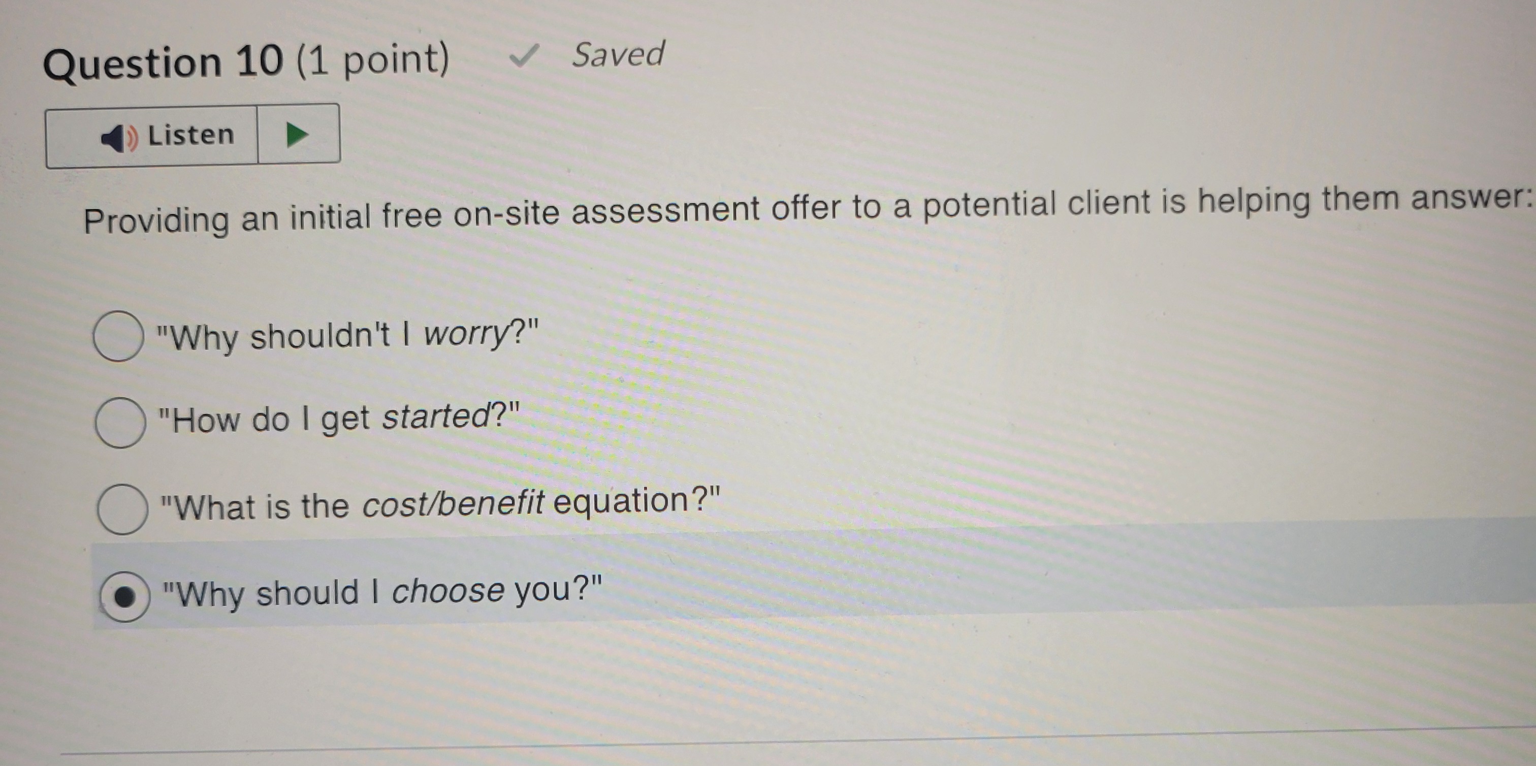 Solved Question 10 (1 ﻿point)Providing an initial free | Chegg.com