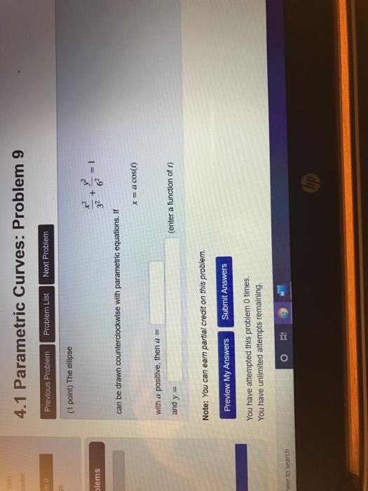 Solved 4.1 Parametric Curves: Problem 9 Previous Problem | Chegg.com