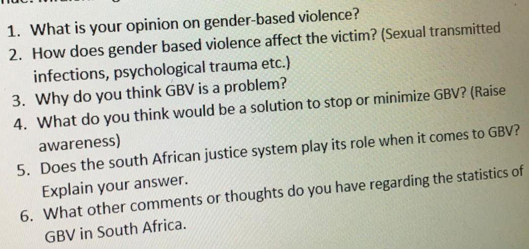Solved 1. What is your opinion on gender-based violence? 2. | Chegg.com