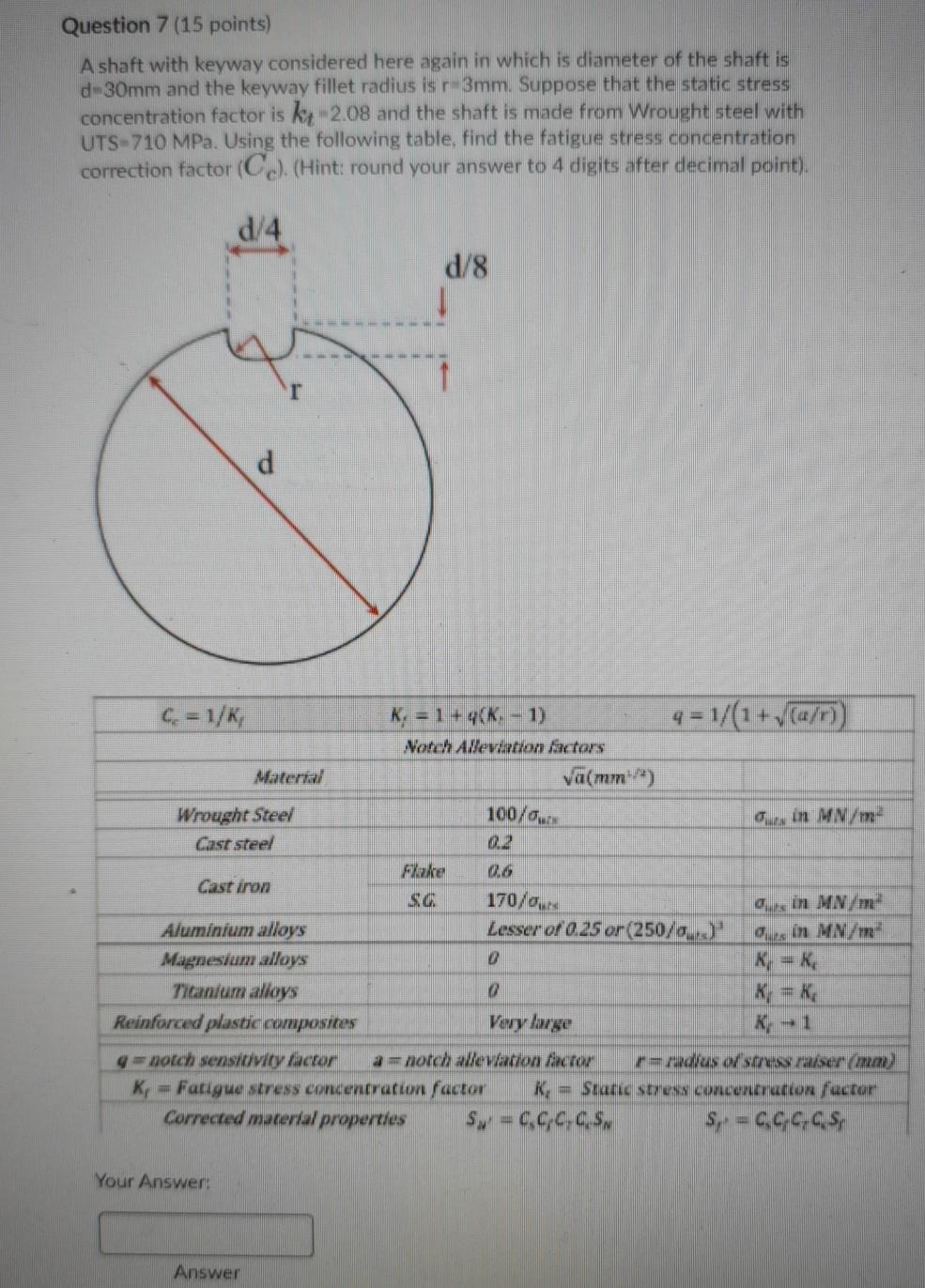 Solved Question 7 (15 points) A shaft with keyway considered | Chegg.com