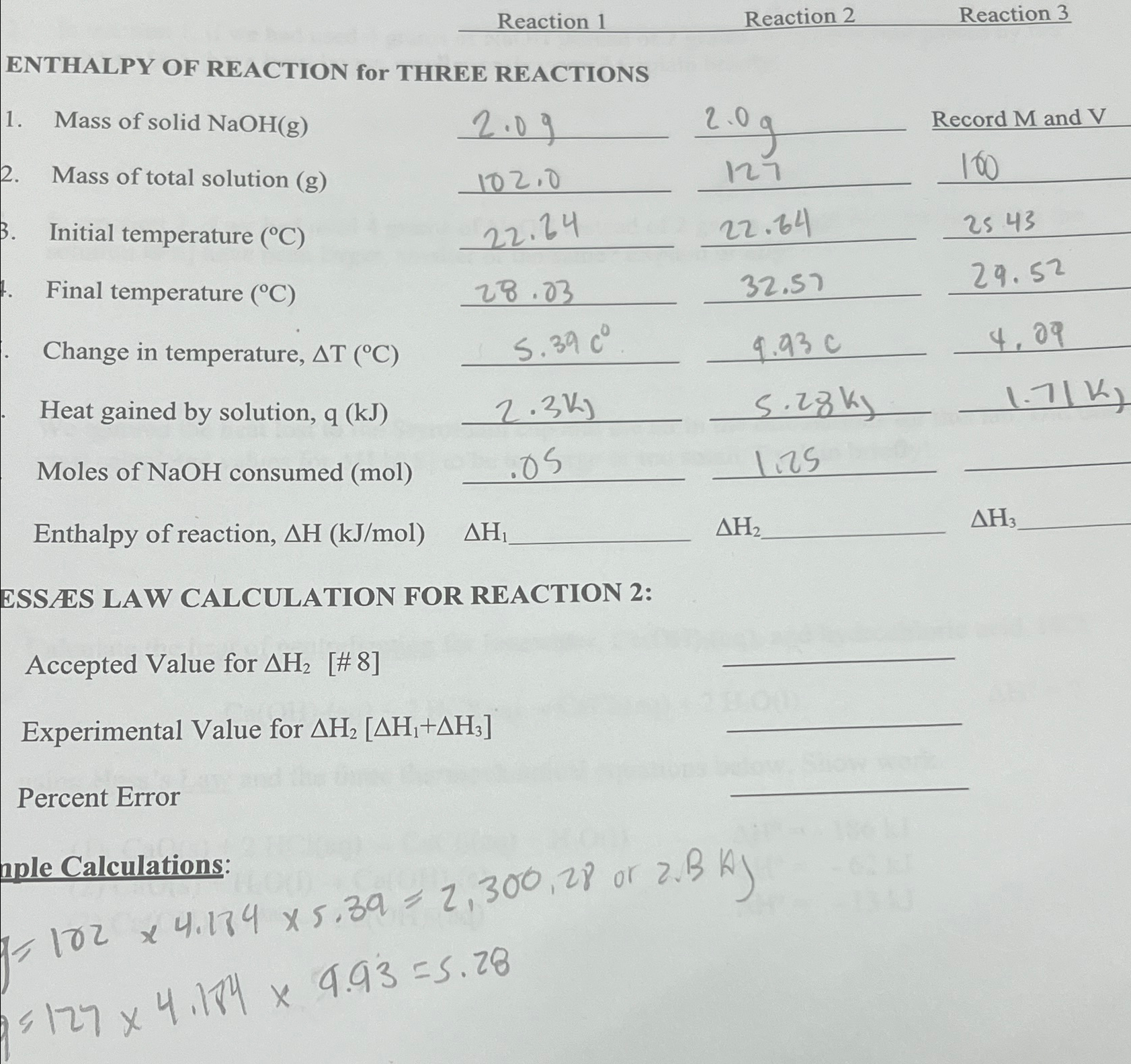 Reaction 1Reaction 2Reaction 3ENTHALPY OF REACTION | Chegg.com