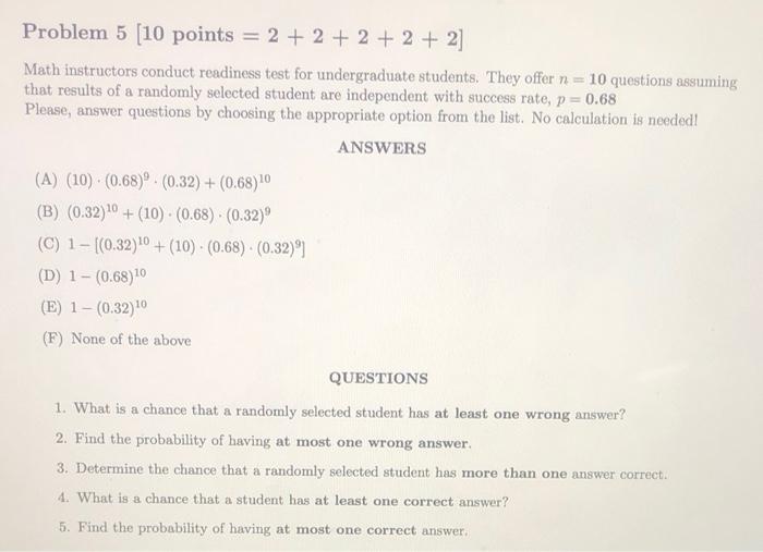 Solved Problem 5[10 points =2+2+2+2+2] Math instructors | Chegg.com