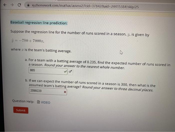 Solved Baseball regression line prediction: Suppose the | Chegg.com