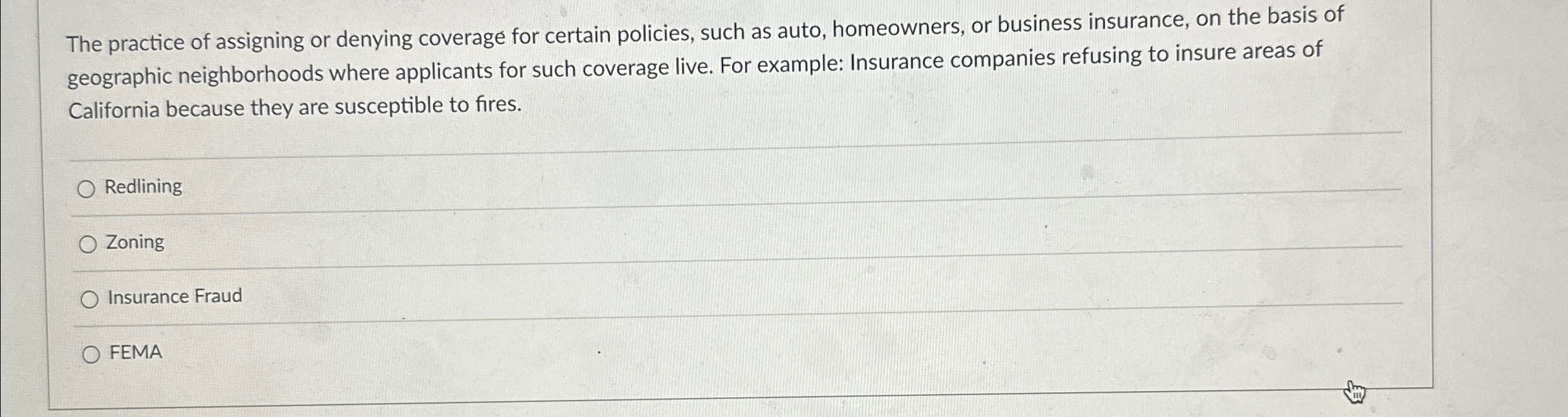 Solved The practice of assigning or denying coverage for | Chegg.com