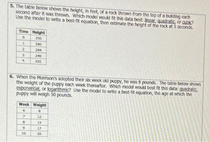 Solved 5. The table below shows the height, in feet, of a | Chegg.com