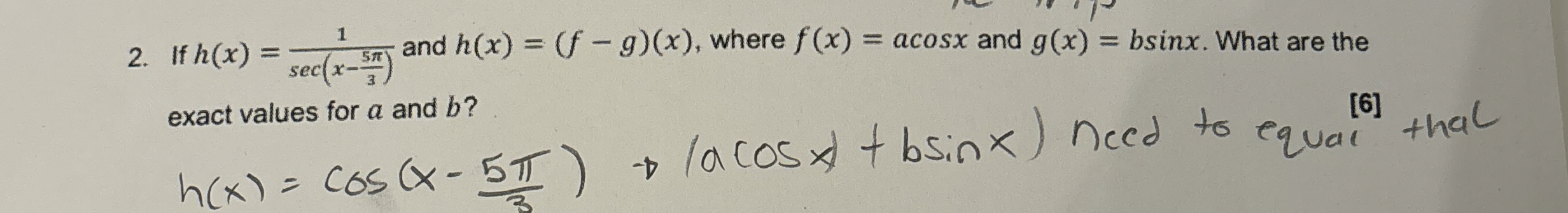 Solved If h(x)=1sec(x-5π3) ﻿and h(x)=(f-g)(x), ﻿where | Chegg.com