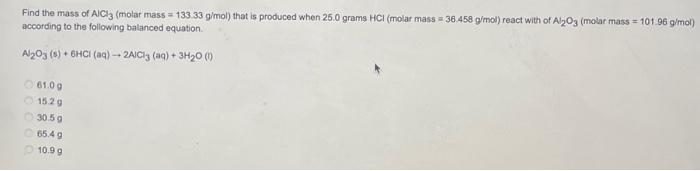 Solved Find the mass of AlCl3 (molar mass =133.33 g/mol ) | Chegg.com