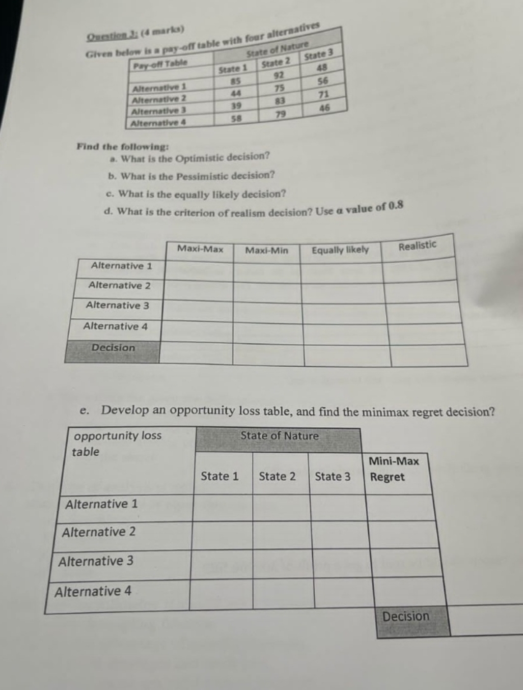 Solved Question 2: (4 ﻿marks)Given below is a pay-off table | Chegg.com