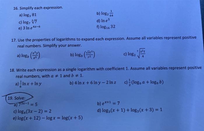 Solved b) log2 16. Simplify each expression. a) log3 81 c) | Chegg.com