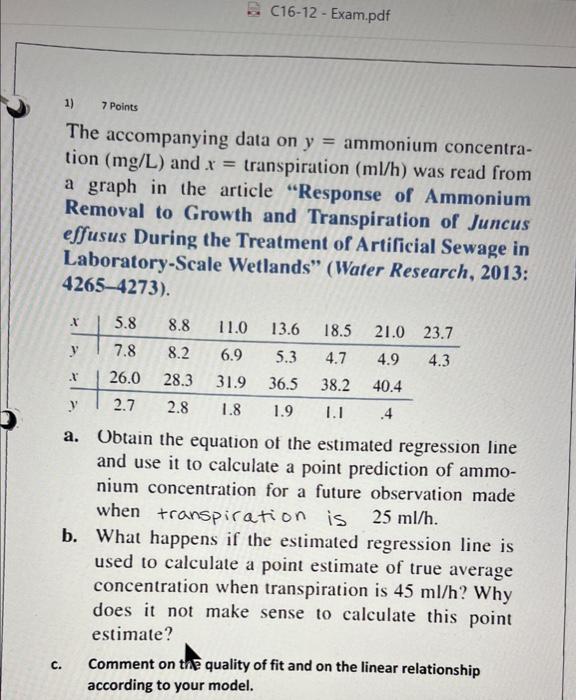 Solved 1) 7 Points The accompanying data on y= ammonium | Chegg.com
