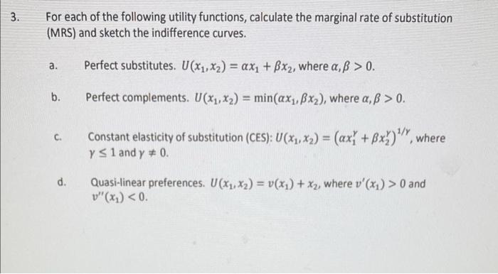 Solved 3. For each of the following utility functions, | Chegg.com
