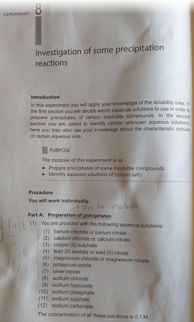 Solved Investigation of some precipitation reactions | Chegg.com