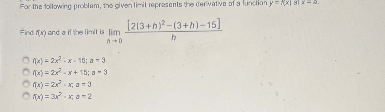 Solved For the following problem, the given limit represents | Chegg.com