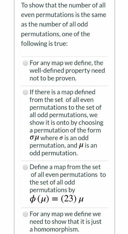 Solved To show that the number of all even permutations is | Chegg.com