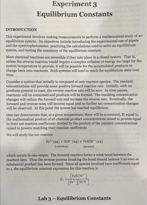 Experiment 3 Equilibrium Constants INTRODUCTION This | Chegg.com