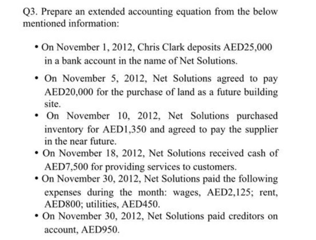 Solved Q3. Prepare an extended accounting equation from the | Chegg.com