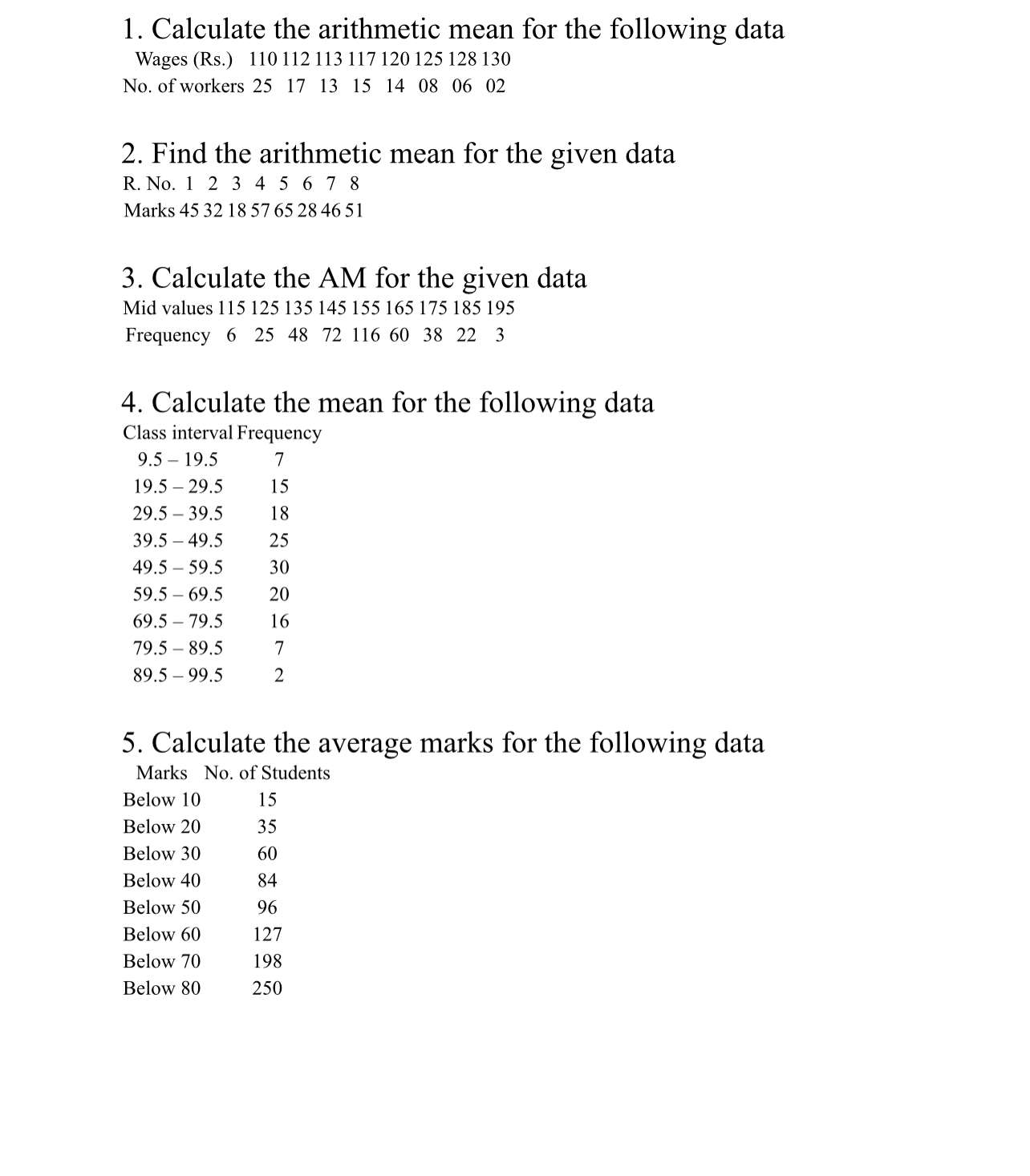 Solved Calculate the arithmetic mean for the following data | Chegg.com