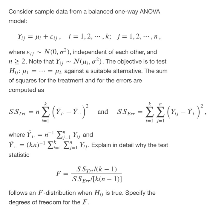 Solved Consider sample data from a balanced one-way ANOVA | Chegg.com
