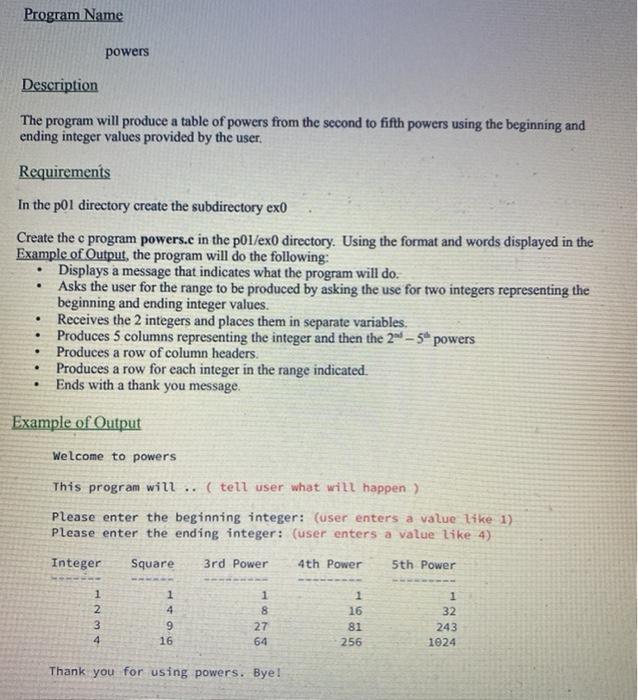 Solved Program Name powers Description The program will | Chegg.com