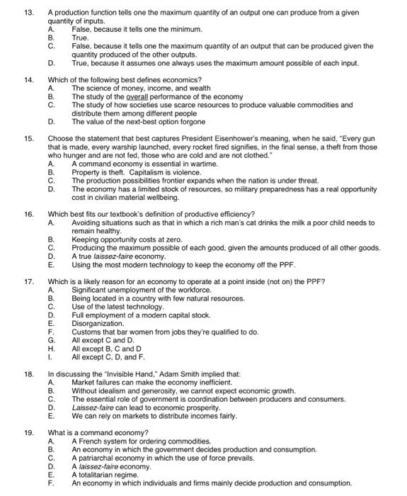 Solved 13. A production function tells one the maximum | Chegg.com