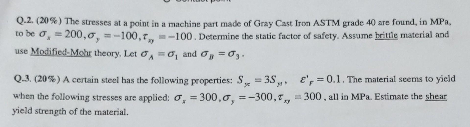 Solved Q.2. (20%) The stresses at a point in a machine part | Chegg.com