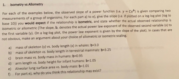 Solved 1. Isometry vs Allometry For each of the examples | Chegg.com
