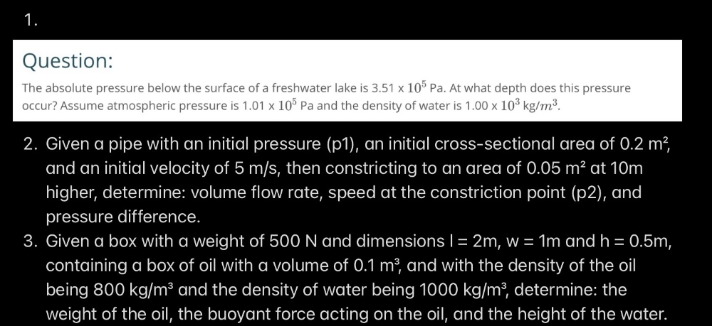 Solved Question:The absolute pressure below the surface of a | Chegg.com
