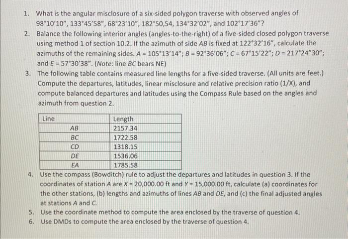 Solved 1. What is the angular misclosure of a six-sided | Chegg.com