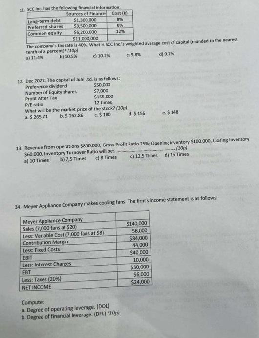 11. SCC Inc. has the following financial information: | Chegg.com