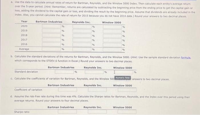 Solved Excel Activity: Evaluating Risk and Return Bartman | Chegg.com