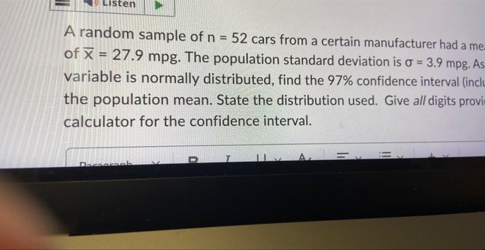 Solved A random sample of n=52 cars from a certain | Chegg.com