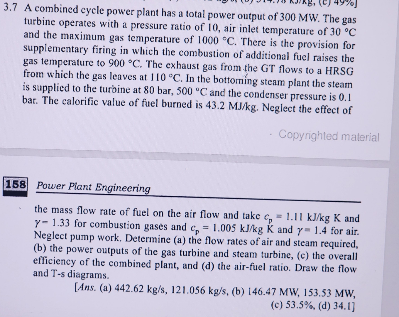 Solved 3.7 ﻿A combined cycle power plant has a total power | Chegg.com
