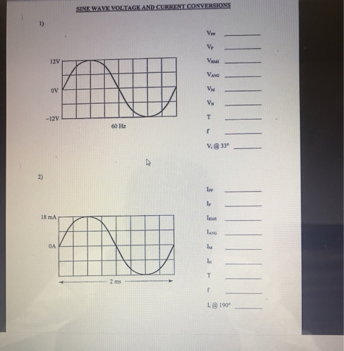 Solved SINE WAVE VOLTAGE AND CURRENT CONVERSIONS Vpp Vp 12V | Chegg.com