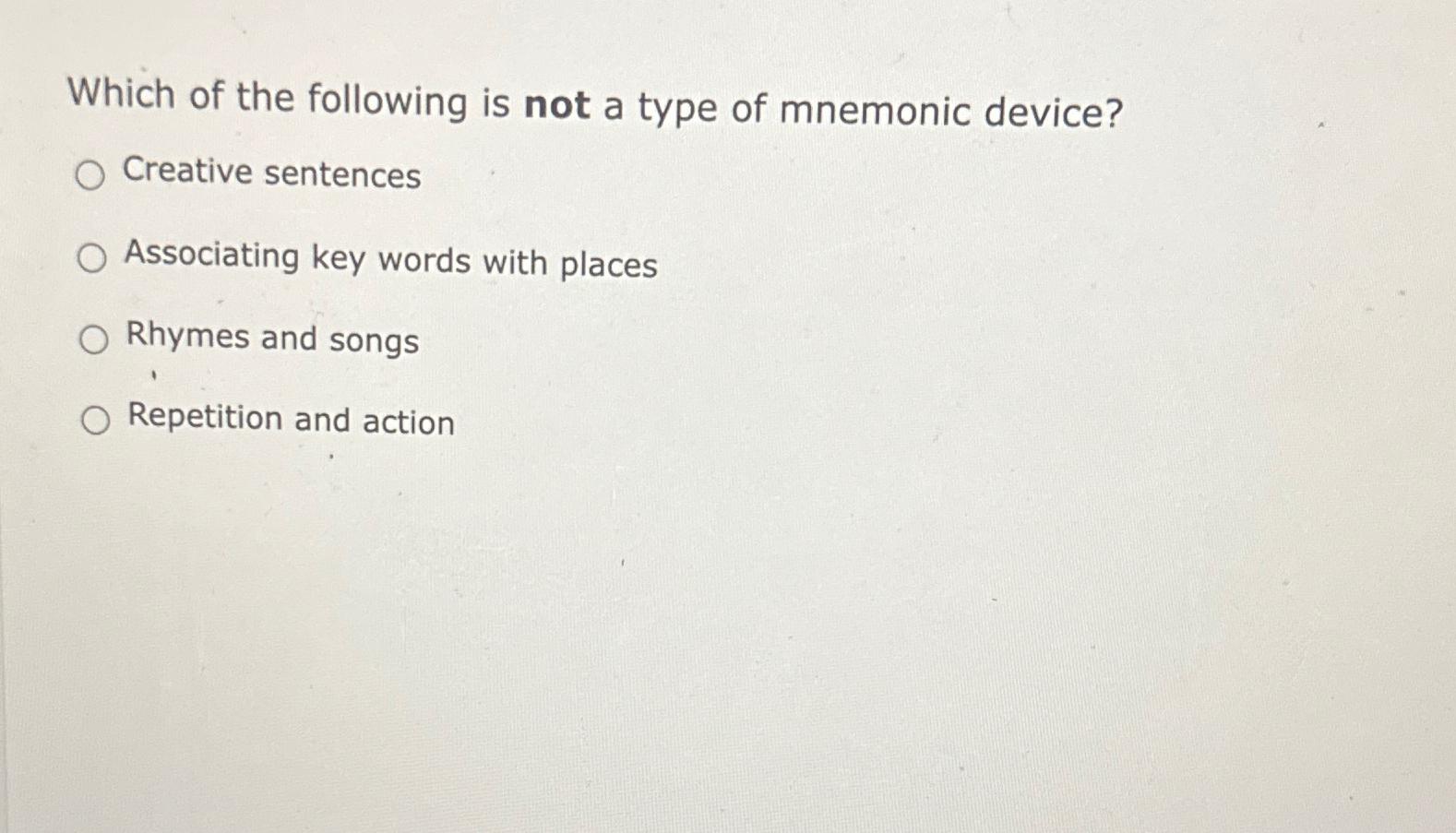 Solved Which of the following is not a type of mnemonic | Chegg.com