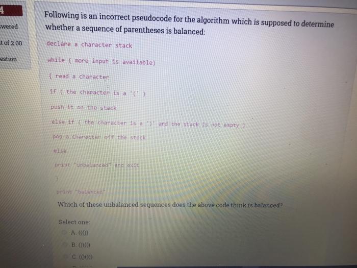Solved 4 Following is an incorrect pseudocode for the | Chegg.com