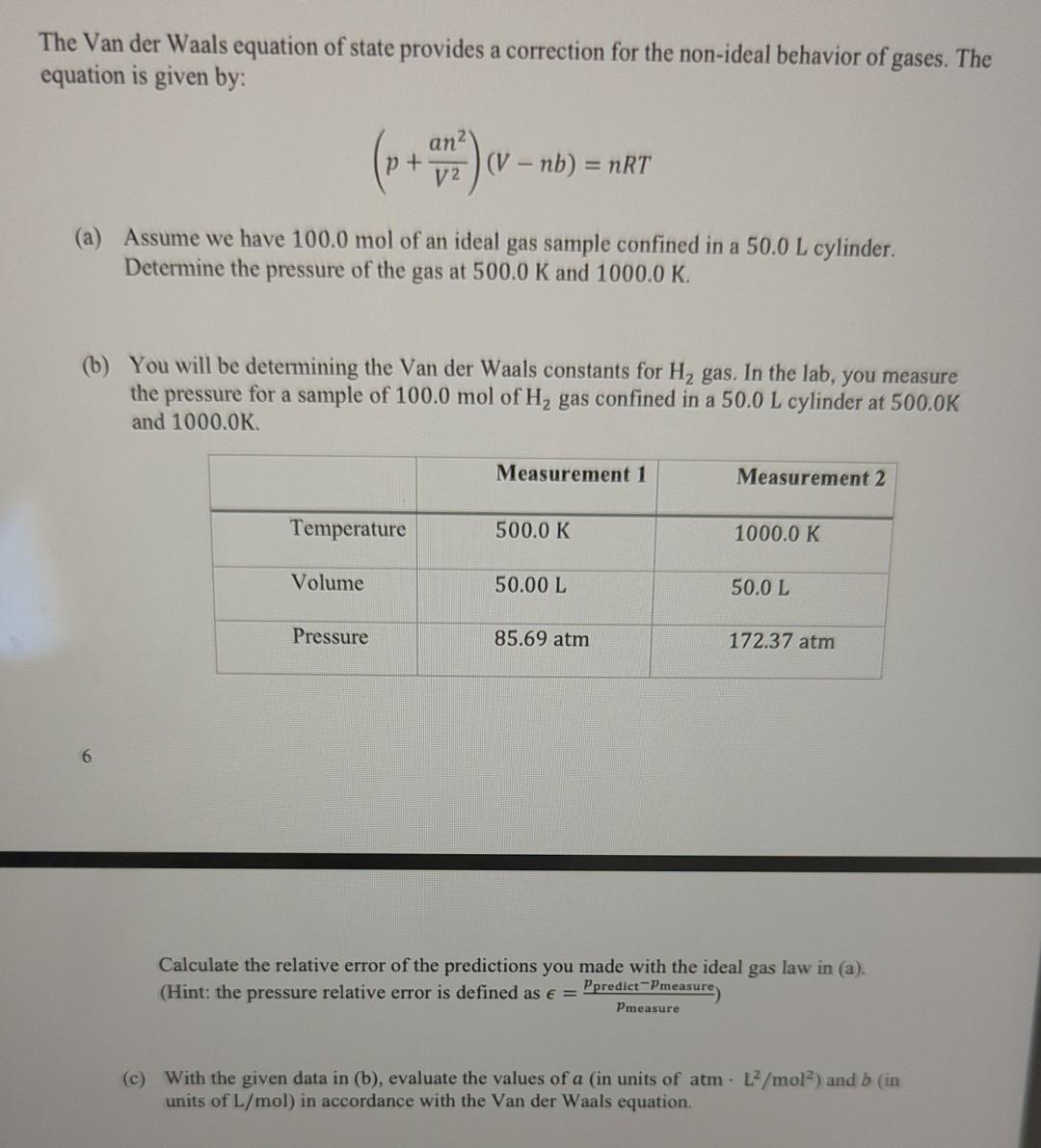 Solved The Van der Waals equation of state provides a | Chegg.com