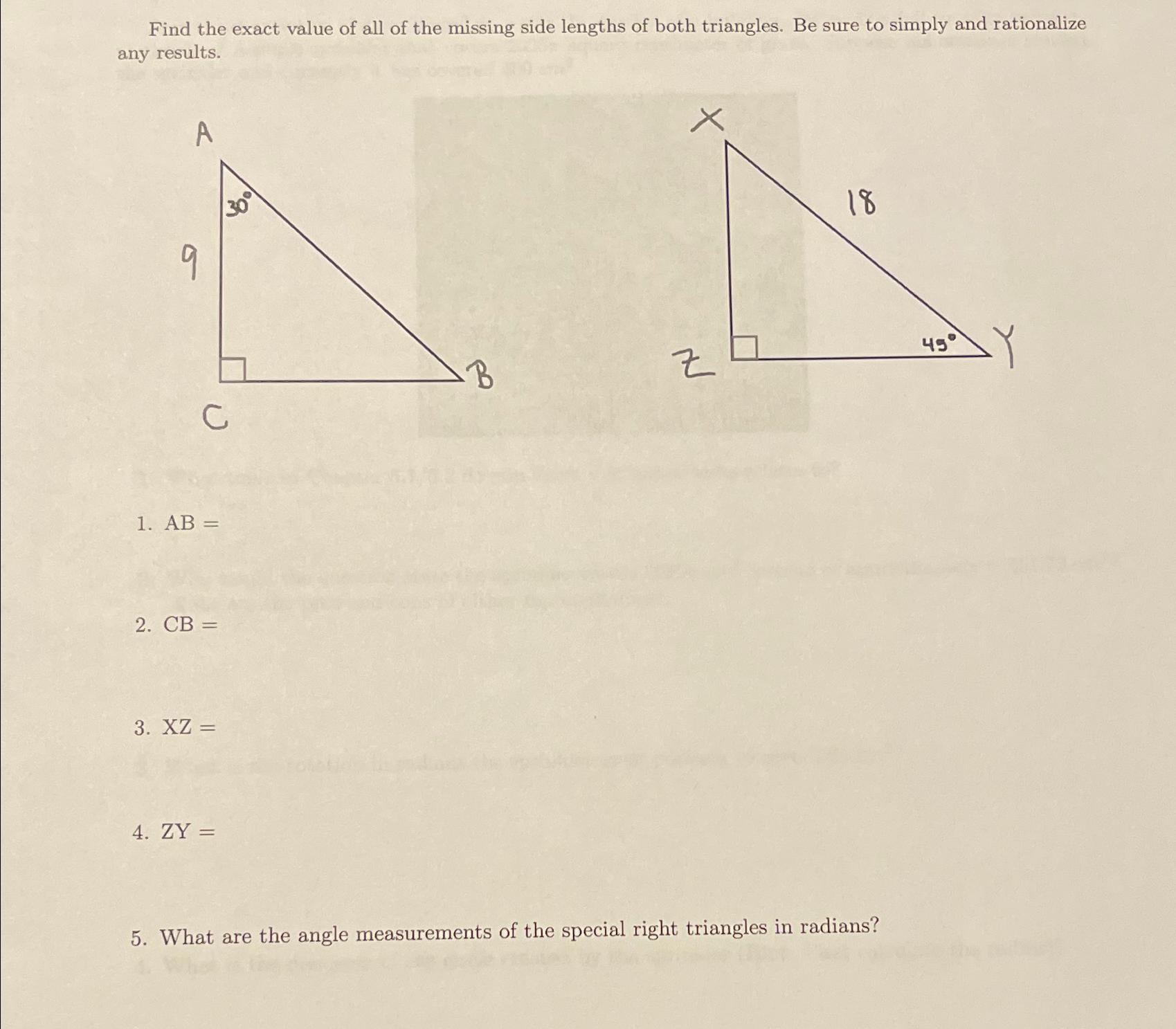 Solved Find the exact value of all of the missing side | Chegg.com