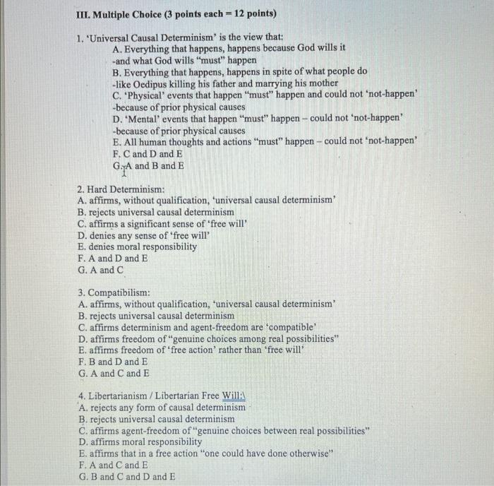 III. Multiple Choice ( 3 points each =12 points) 1. | Chegg.com