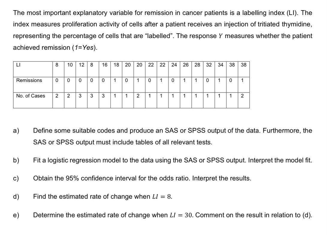 Solved The most important explanatory variable for remission | Chegg.com