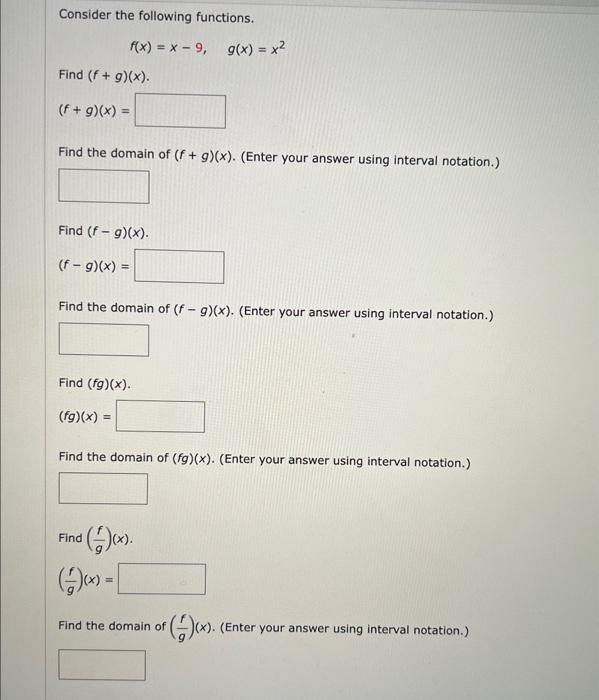 Solved Consider the following functions. f(x)=x−9,g(x)=x2 | Chegg.com