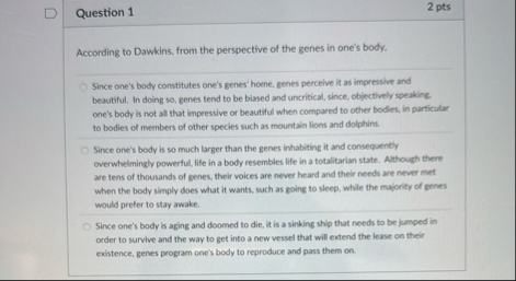 Solved Question 12 ﻿ptsAccording to Dawkins, from the | Chegg.com